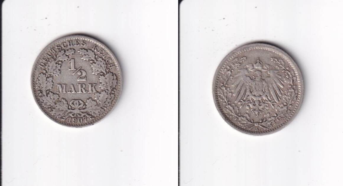 Deutsches Reich, Kaiserreich, 1/2 Mark 1907 A ss, Silber | MA-Shops