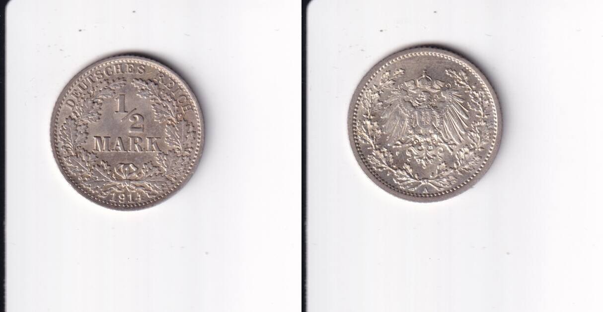 Deutsches Reich, Kaiserreich, 1/2 Mark 1914 A vz-st, Silber, | MA-Shops