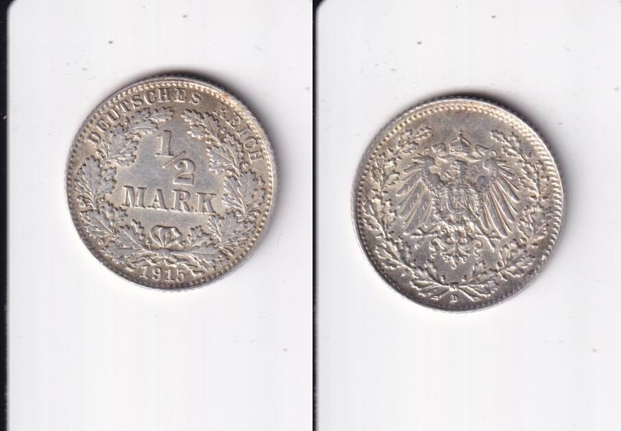 Deutsches Reich, Kaiserreich, 1/2 Mark 1915 D vz-st, Silber, | MA-Shops
