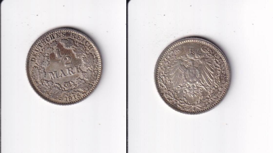 Deutsches Reich, Kaiserreich, 1/2 Mark 1915 J vz+, Silber, | MA-Shops