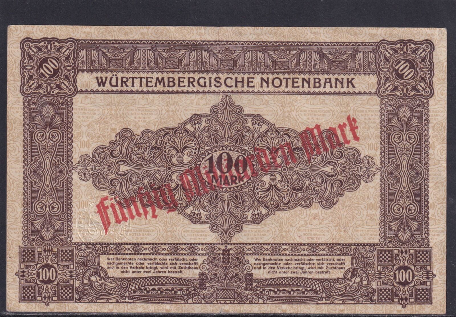 Weimarer Republik, Württemberg, 50 Milliarden Mark auf 100 Mark, 1923 ...