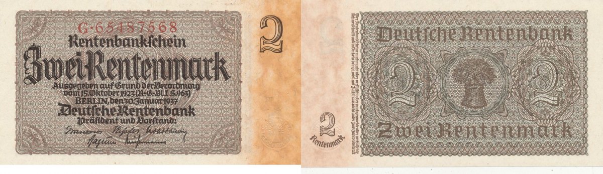Deutsches Reich, Drittes Reich, 2 Rentenmark 1937 Ro.167b Reichsdruck ...