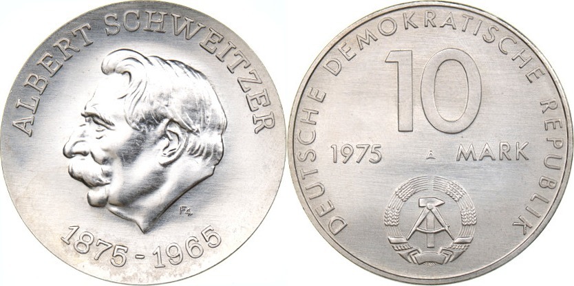 DDR 10 Mark 1975 Albert Schweitzer Materialprobe mit Rückseite von Warschauer Vertrag st | MA-Shops