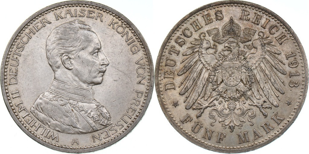 Kaiserreich - Preussen 5 Mark 1913 Wilhelm II. in Uniform vz | MA-Shops