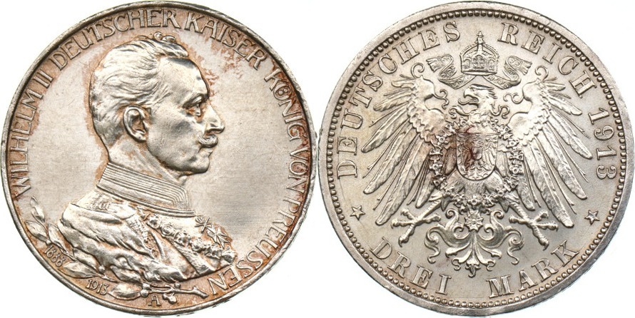 Kaiserreich - Preussen 3 Mark 1913 Wilhelm II. in Uniform vz+, leicht ber. | MA-Shops