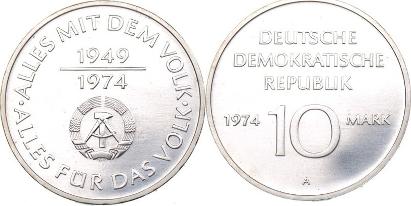 10 Mark 1974 25 Jahre DDR Probe in Silber mit anderer Randschrift st ...