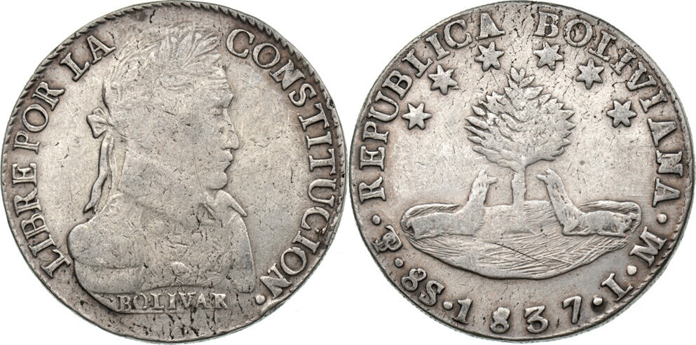 Bolivien 8 Soles 1837 PTS LM s-ss | MA-Shops