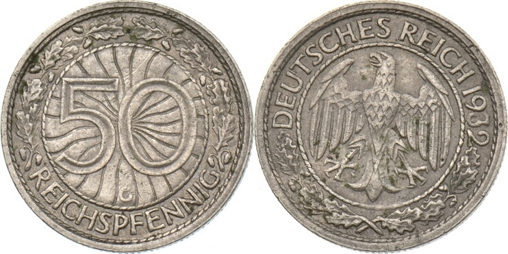 Weimar 50 Reichspfennig 1932 G sehr seltener Jahrgang ss | MA-Shops