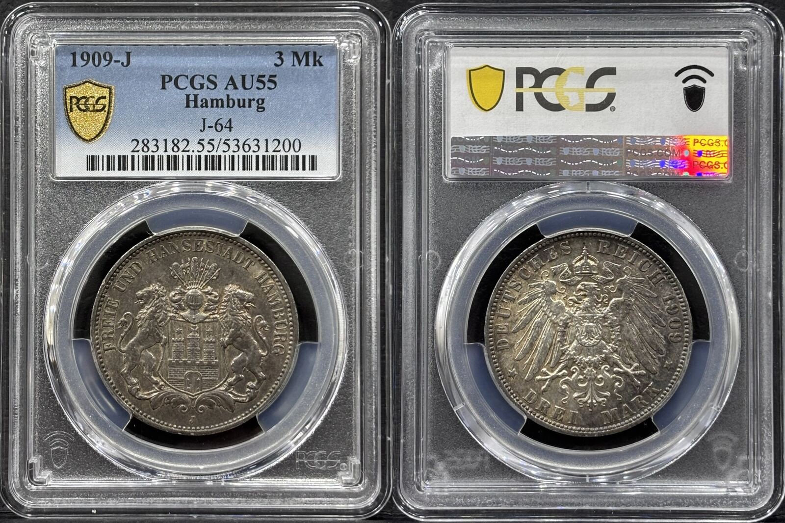 Germany 3 mark 1909-j pcgs au 55 hamburg | MA-Shops