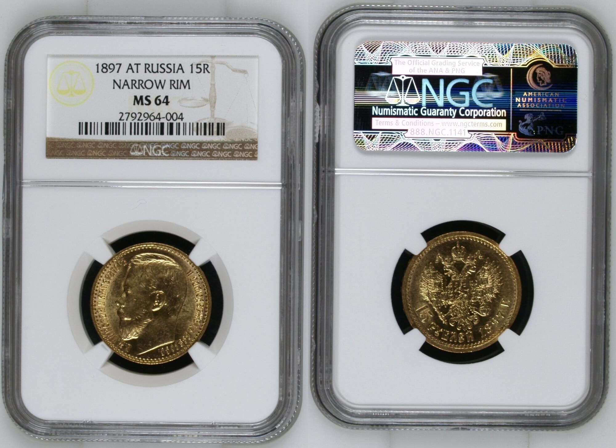 RUSSIA 15 Roubles 1897 AT NGC MS 64 | MA-Shops
