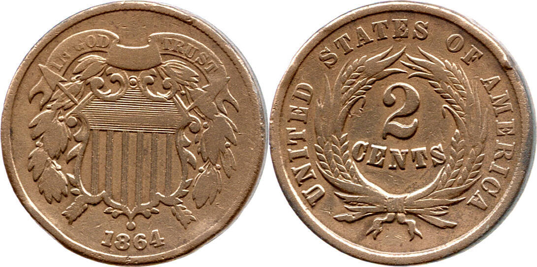 USA 2 Cents 1864 Union Schild, In god we trust, United States Mint of ...