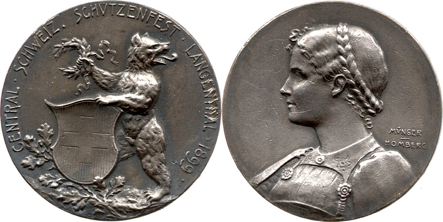 Schützenmedaille 1899 Zentralschweiz, Münger, Homberg, Bär mit Wappen ...
