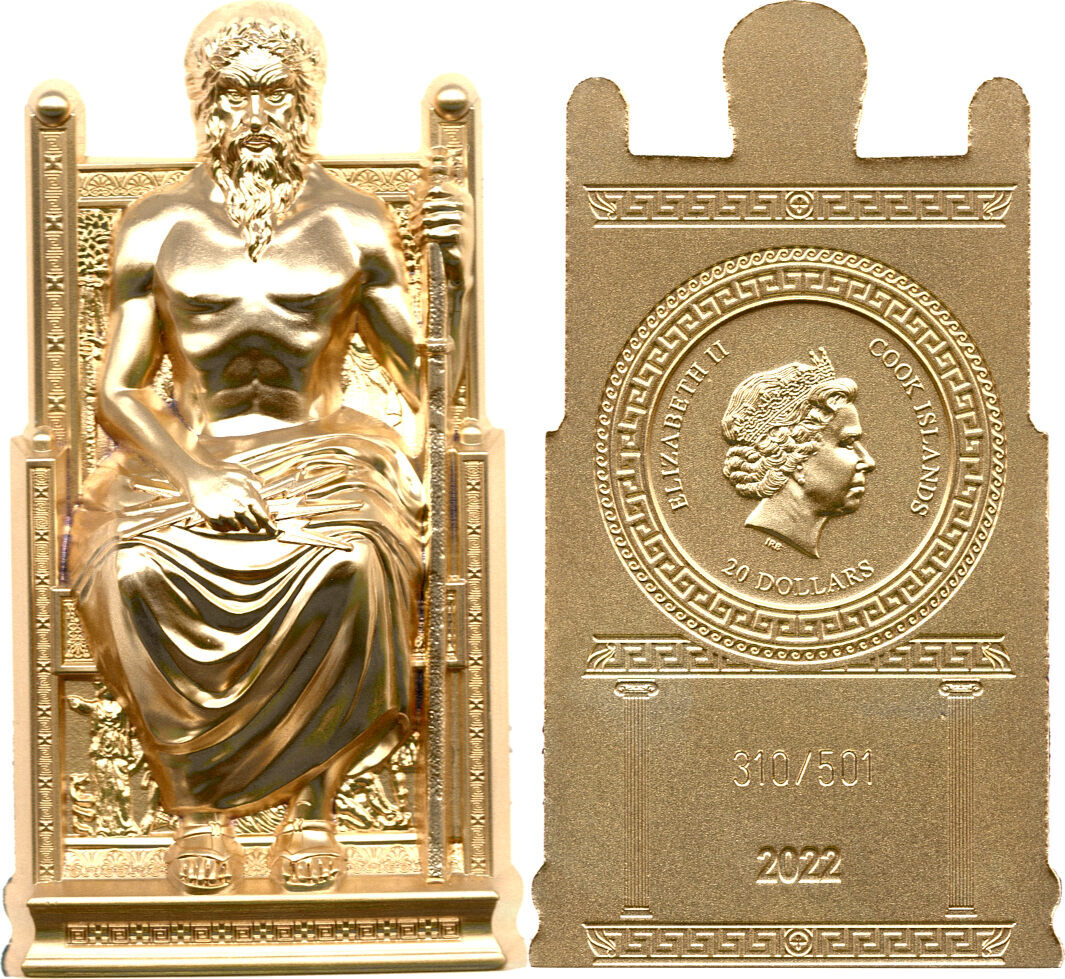 Cook Islands 20 Dollar 2022 Zeus Vater der Götter, 310/501, Elizabeth II, vergoldet neuwertig in ...