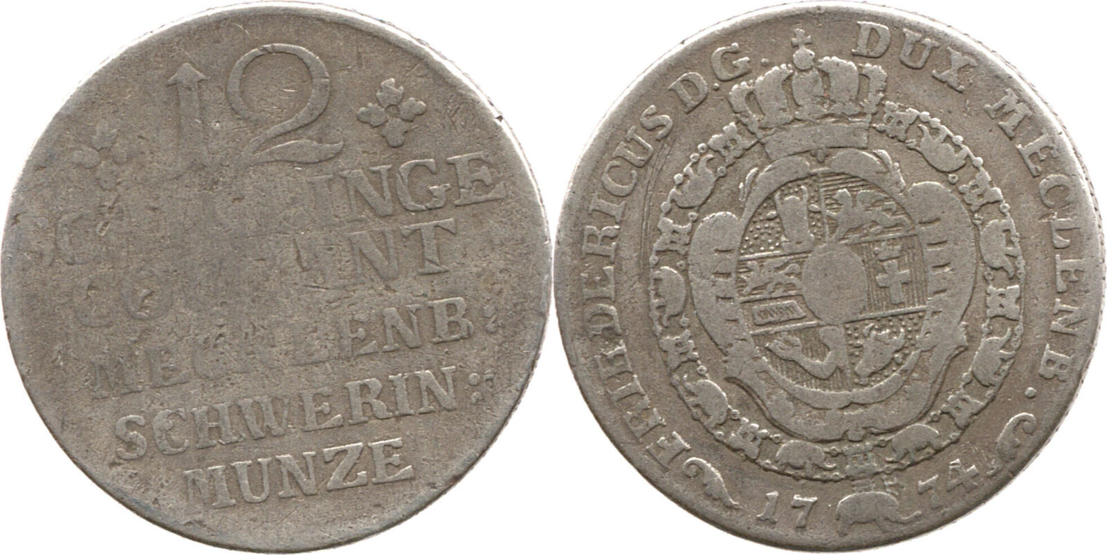 12 Schilling 1774 Friedrich 1756 - 1785, Courant, Herzogtum Mecklenburg-Schwerin 1696 - 1816 S+ ...