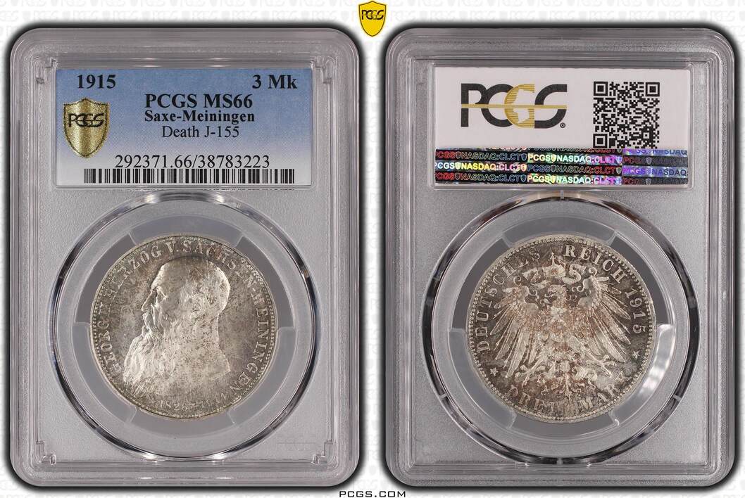 Sachsen-Meiningen 3 Mark 1915 Georg II. 1866-1914. PCGS MS66. Feiner Stempelglanz | MA-Shops