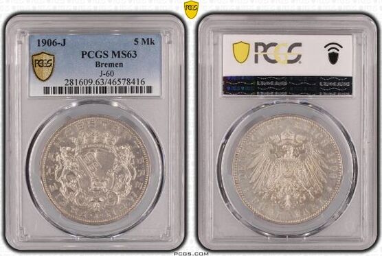 Bremen 5 Mark 1906 J PCGS MS63. Fast Stempelglanz | MA-Shops
