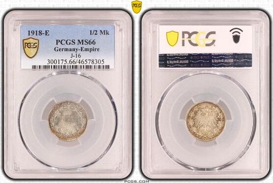 Kleinmünzen 1/2 Mark 1918 E PCGS MS66. Stempelglanz | MA-Shops