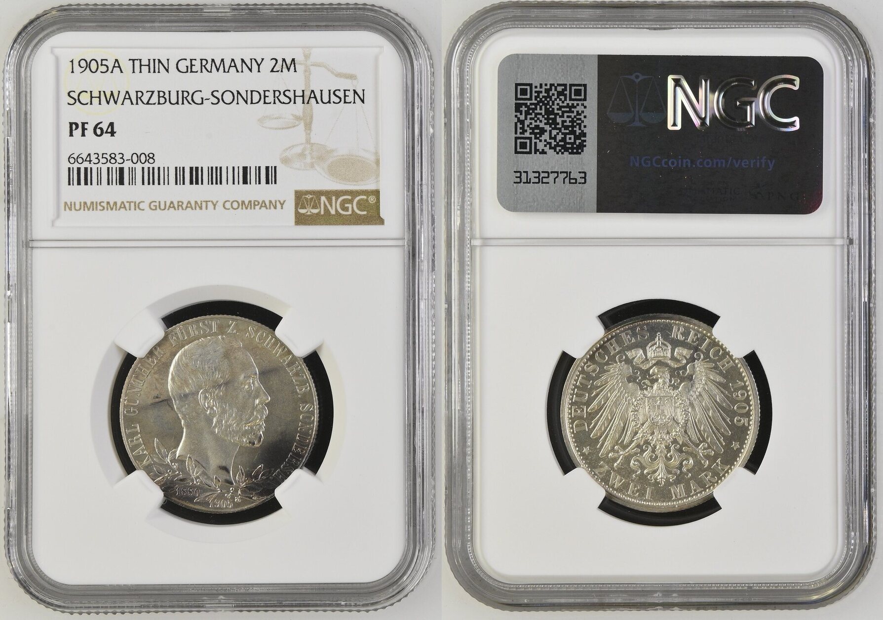 Schwarzburg-Sondershausen 2 Mark 1905 Karl Günther 1880-1909. NGC PF64. Polierte Platte | MA-Shops