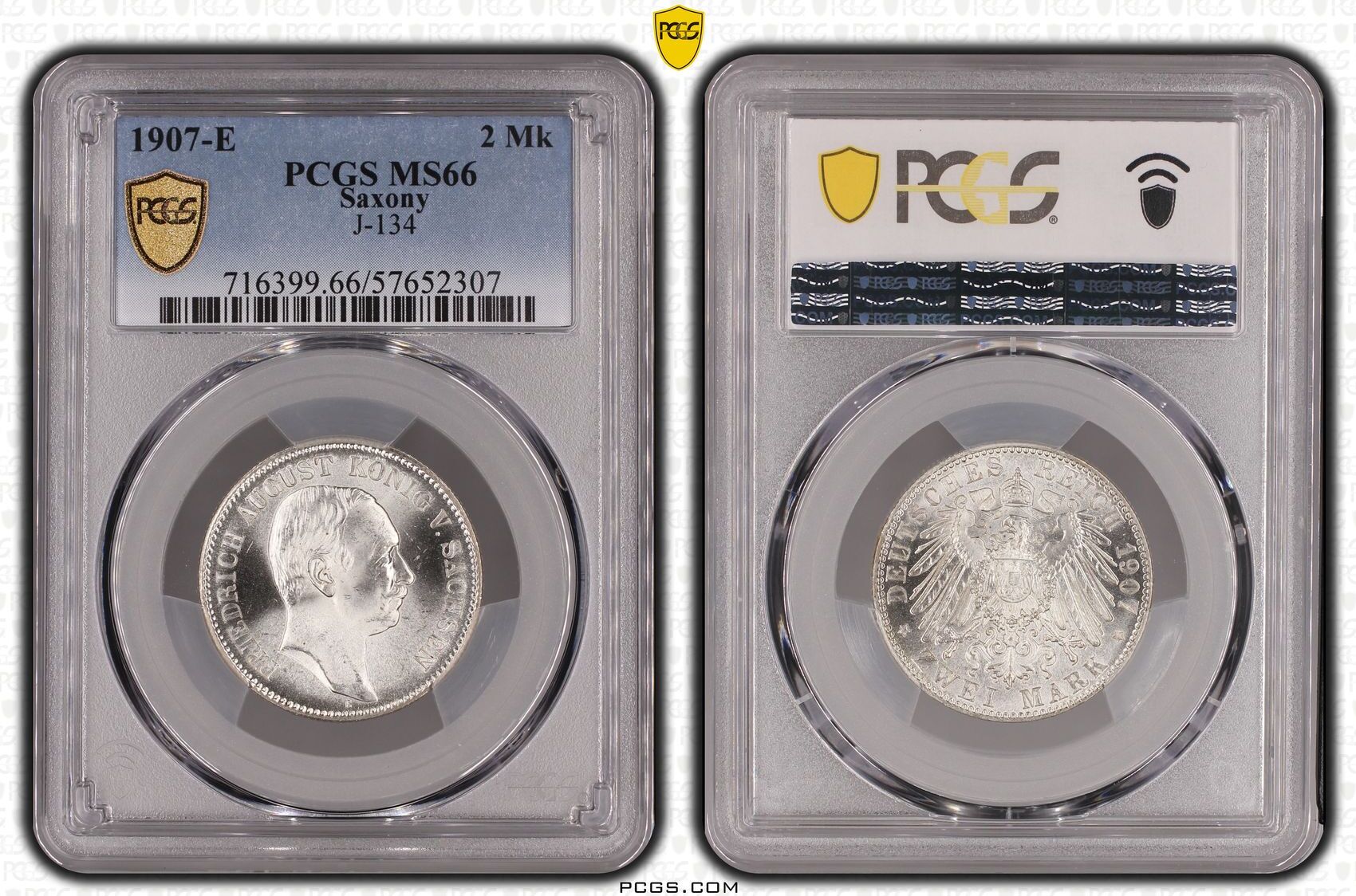 Sachsen 2 Mark 1907 E Friedrich August III. 1904-1918. PCGS MS66. Feiner Stempelglanz | MA-Shops