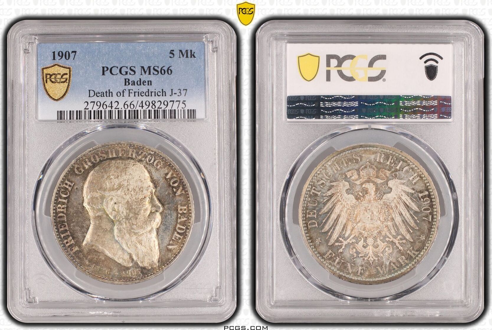 Baden 5 Mark 1907 Friedrich I. 1856-1907. PCGS MS66. Schöne Tönung. Feiner Stempelglanz | MA-Shops
