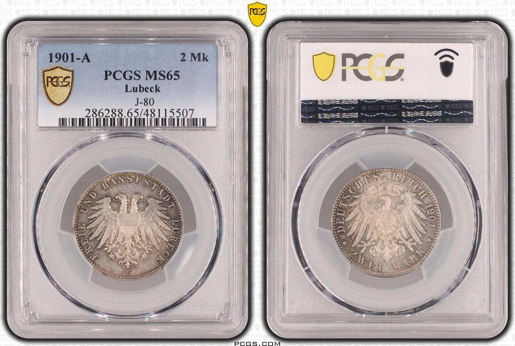 Lübeck 2 Mark 1901 A PCGS MS65. Schöne Tönung. Stempelglanz | MA-Shops