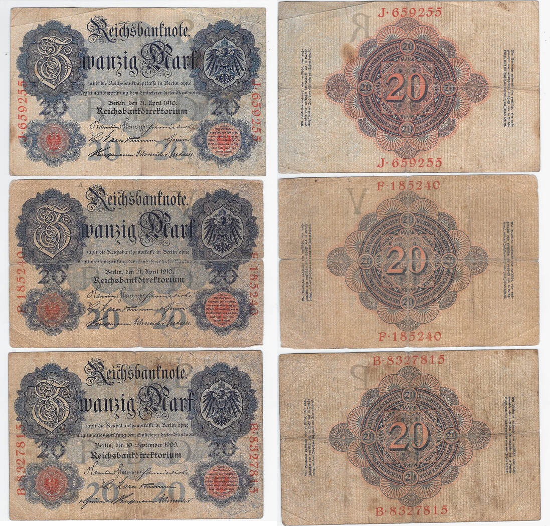 DEUTSCHLAND/ALLEMAGNE. 20 Mark 1909, 1910. 3 Notes. series: P/B, V/F, R ...