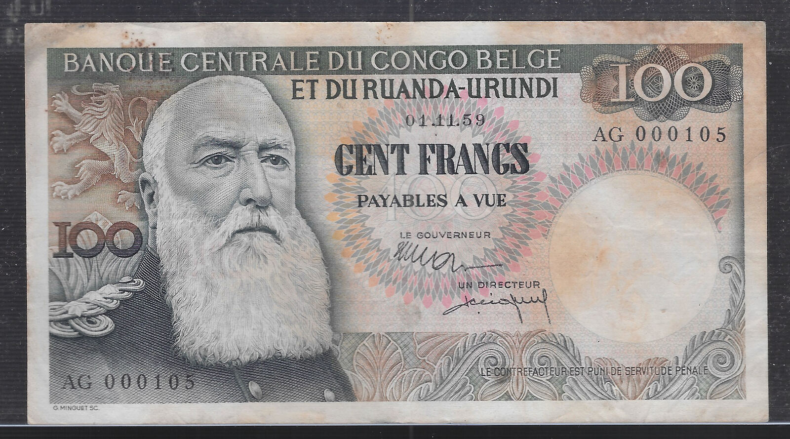 CONGO BELGE 100 Francs 01 11 1959 Roi L opold II Serie AG 000105 congo-belge-100-francs-01-11-1959-roi-l-opold-ii-serie-ag-000105