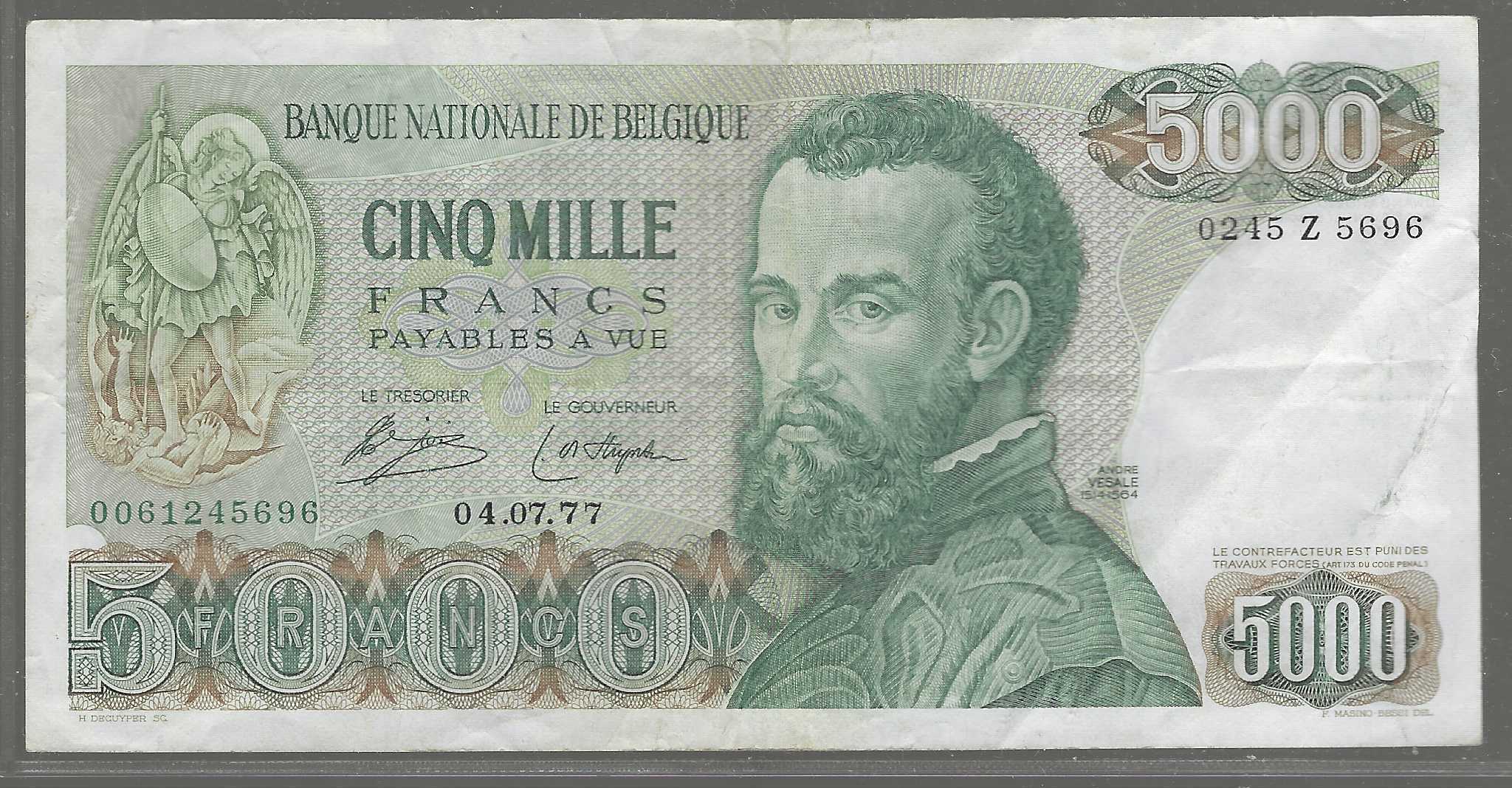 BELGIË/BELGIEN/BELGIQUE. 5000 FRANK. 04/07/1977. André VESALE. .Serie ...