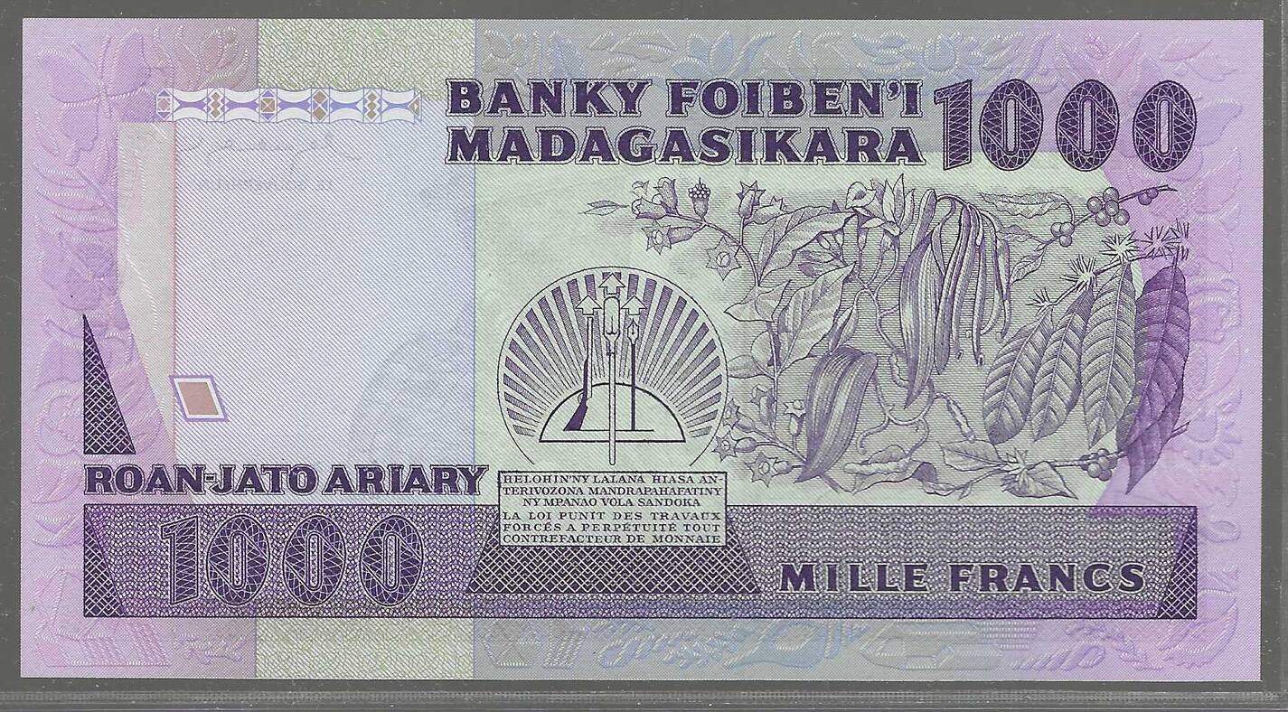 MADAGASIKARA/MADAGASCAR. 1000 Francs. (1988) Junger madagassischer Mann ...