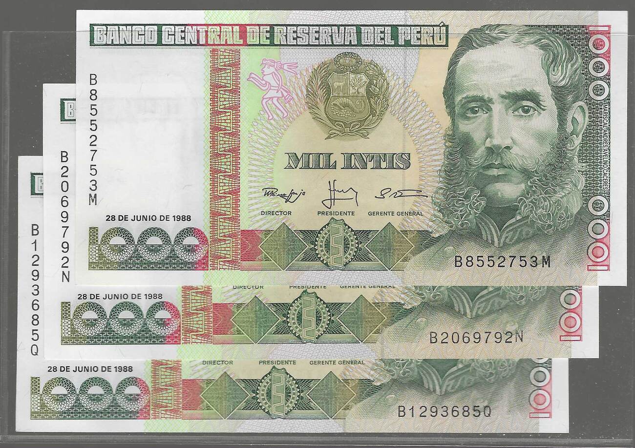 PERÚ/PÉROU. 1000 Intis. 28/06/1988. 3 NOTES. Serie: B/M, B/N, B/Q. Fast ...