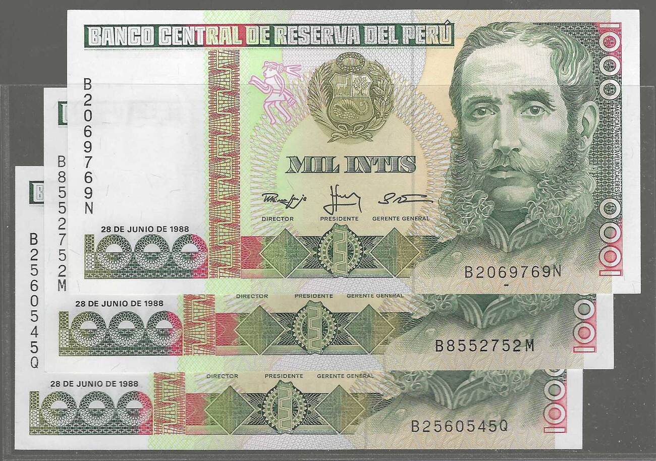 PERÚ/PÉROU. 1000 Intis. 28/06/1988. 3 NOTES. Serie: B/M, B/N, B/Q. Fast ...