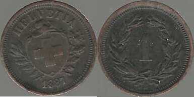 SVIZRA, SVIZZERA, SUISSE, SCHWEIZ. 1 Rappen. 1887 B. Fast sehr schön. | MA-Shops