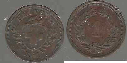 SVIZRA, SVIZZERA, SUISSE, SCHWEIZ. 1 Rappen. 1891 B. BR/KR. Croix large. Fast sehr schön. | MA-Shops