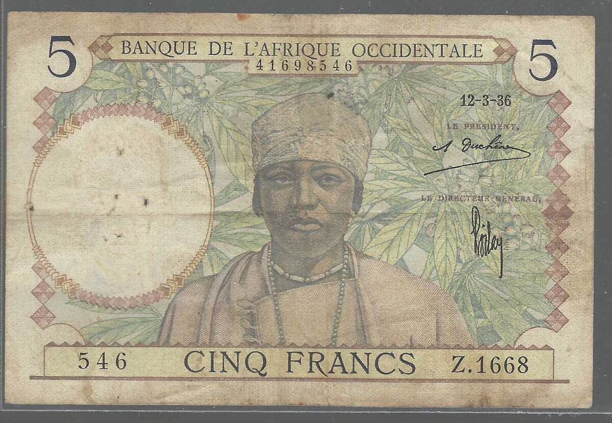 AOF. AFRIQUE OCCIDENTALE FRANÇAISE. 5 Francs. 12/03/1936. Foncé. Dunkel ...