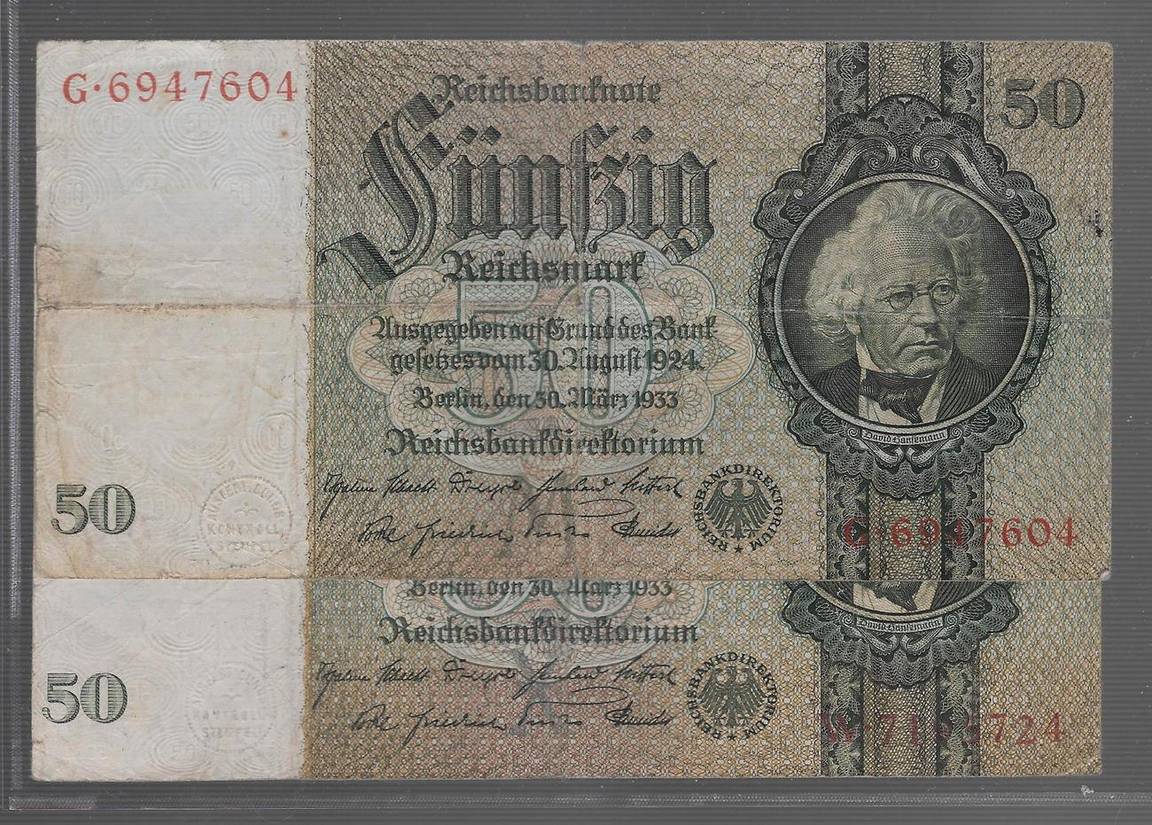 ALLEMAGNE 50 Reichsmark 1933 "Série M/G et X/W" B/TB(G)et TB(W) | MA-Shops