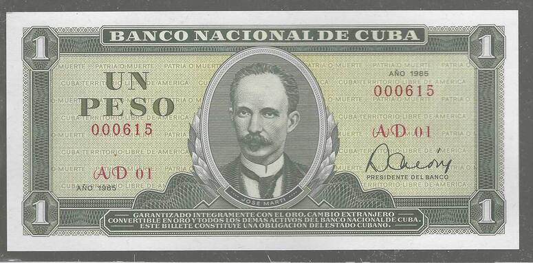 CUBA. 1 Peso. 1985. JOSÉ MARTI. Serie: AD 01. (1.Serie von 1985). Fast ...
