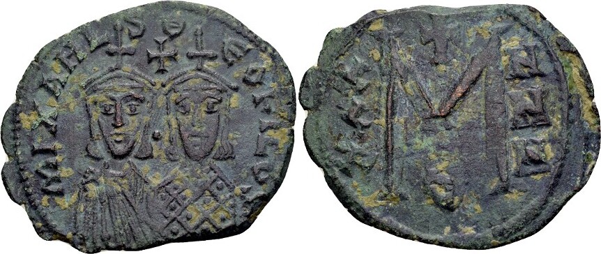 Byzantine Michael II. 820-829, mit Theophilus, AE Follis (26x32mm, 7,19 ...