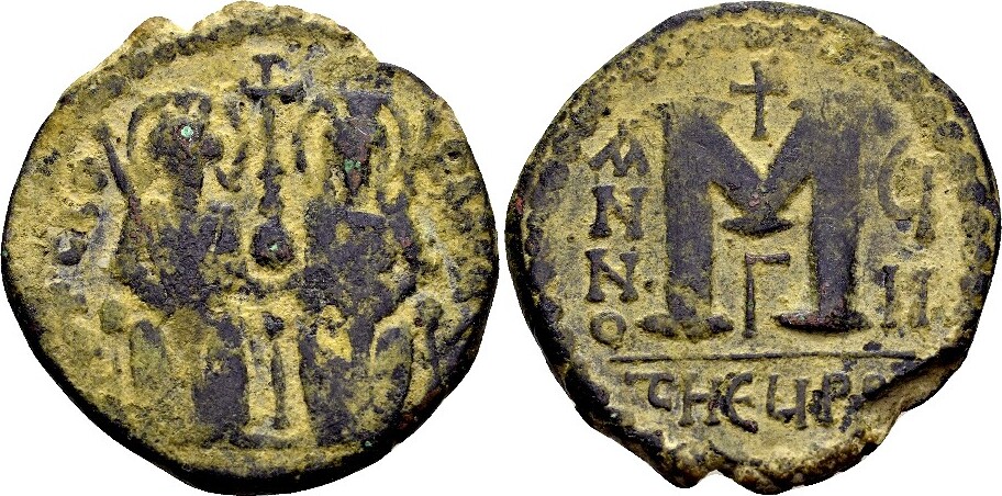 Byzantine Justinus II. 565-578, mit Sophia, AE Follis (29 mm, 13,08 ...