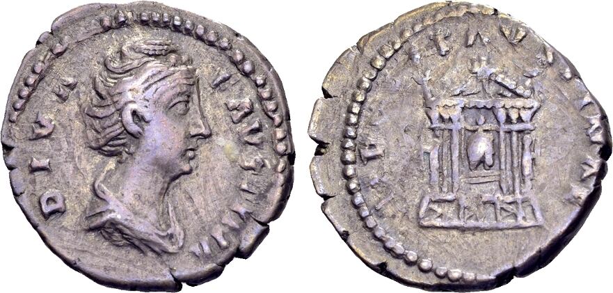 Roman Imperial Denarius Diva Faustina I, Frau des Antoninus Pius 138-160, Gest. 141, AR Denar SS ...