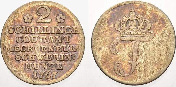 Mecklenburg-Schwerin 2 Schilling 1767 Friedrich 1756-1785. Sehr schön+ mit schöner Patina | MA-Shops