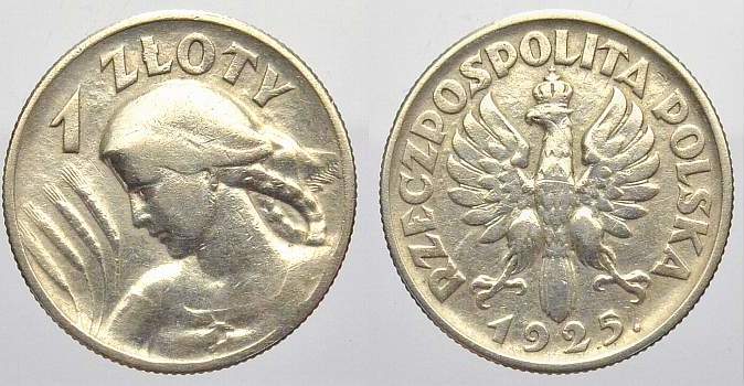 Polen-Republik 1918-1939 1 Zloty 1925 Republik Polen 1918-1939. Sehr schön+ | MA-Shops