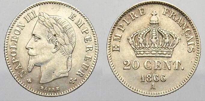 Frankreich 20 Centimes 1866 A Napoleon III. 1852-1870. Vorzüglich | MA-Shops