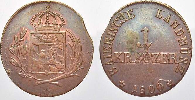 Bayern Cu 1 Kreuzer für Tirol 1 1806 Maximilian I. Joseph 1806-1825. Kl ...