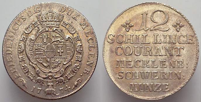 Mecklenburg-Schwerin 12 Schillinge Courant 1774 Friedrich 1756-1785. Vorzüglich+ mit Prägeglanz ...