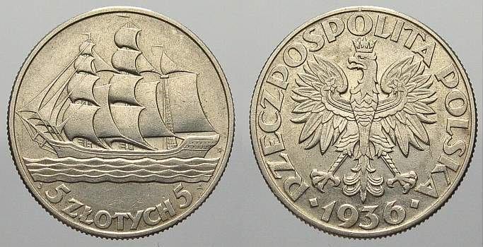 Polen-Republik 1918-1939 5 Zlotych 1936 Republik Polen 1918-1939. Fast vorzüglich. | MA-Shops