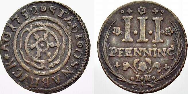 Osnabrück, Stadt Cu 3 Pfennig 1752 Sehr schön+ | MA-Shops