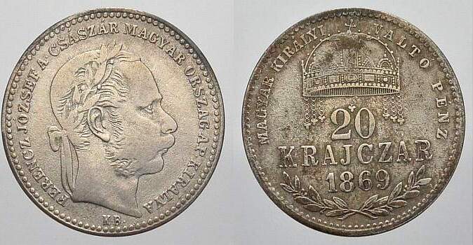 Haus Habsburg 20 Krajczar 1869 KB Franz Joseph I. 1848-1916. Sehr schön+ | MA-Shops