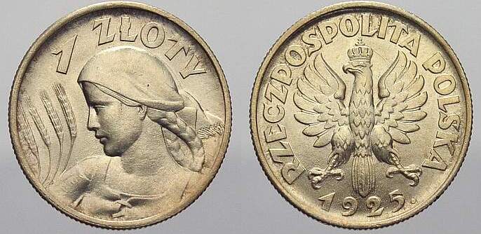 Polen-Republik 1918-1939 1 Zloty 1925 Republik Polen 1918-1939. Prachtexemplar. Stempelglanz ...