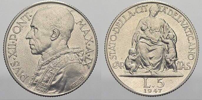 Italien-Kirchenstaat 5 Lire 1947 Pius XII. 1939-1958. Stempelglanz | MA-Shops