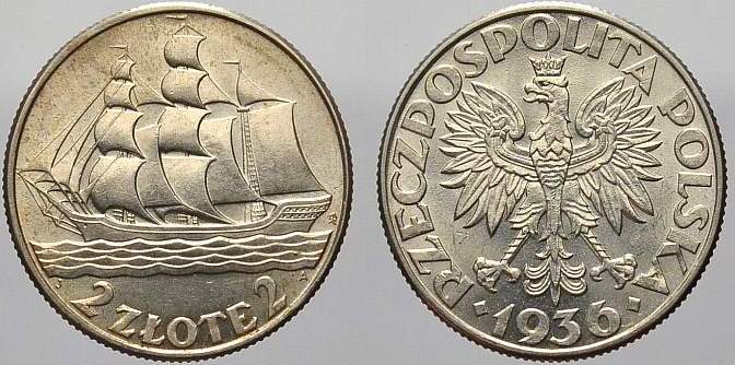 Polen-Republik 1918-1939 2 Zloty 1936 Republik Polen 1918-1939. Prachtexemplar. Fast ...